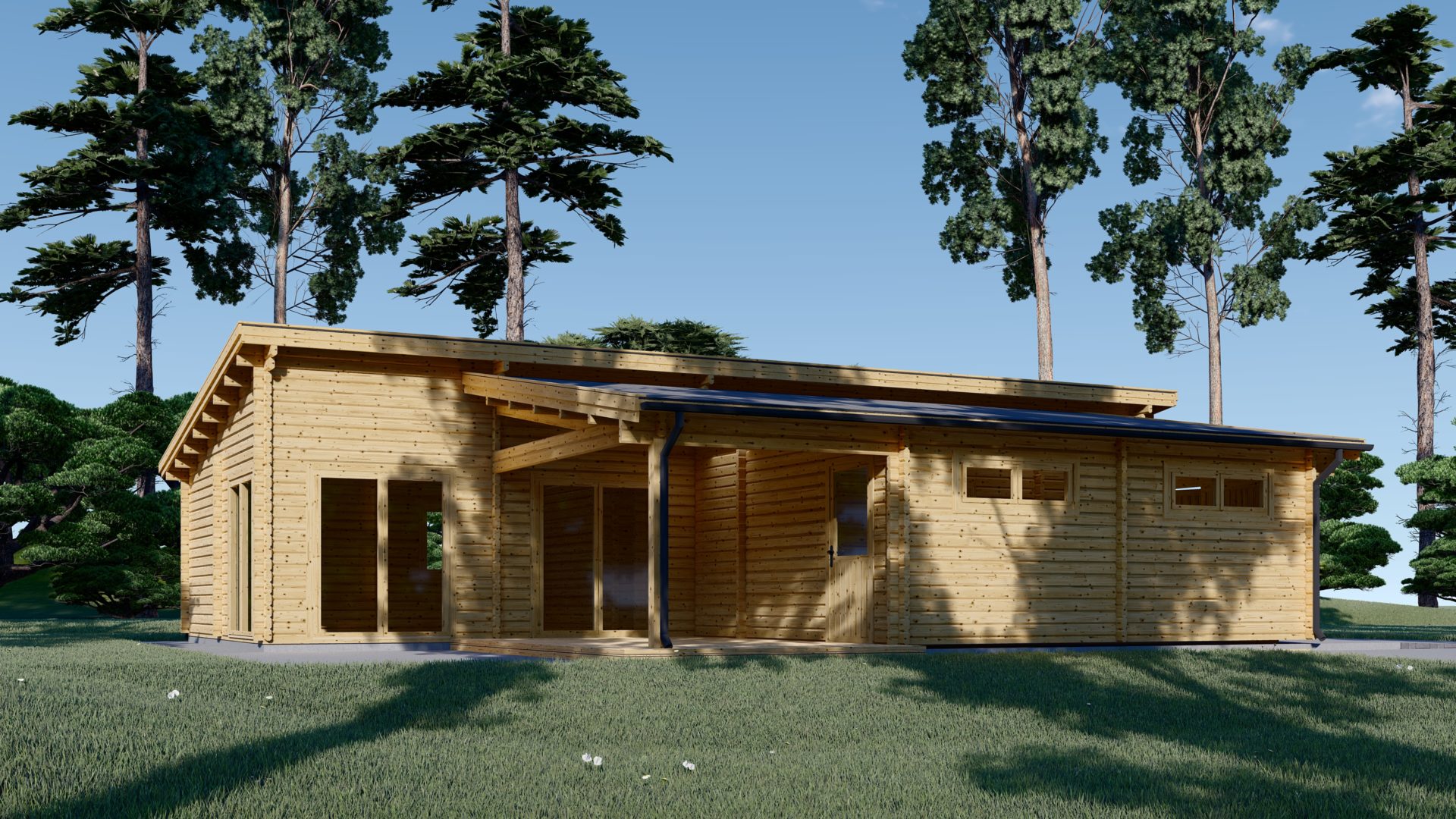 Drevená chata BERTA s plochou strechou (66 mm), 72 m² s tera