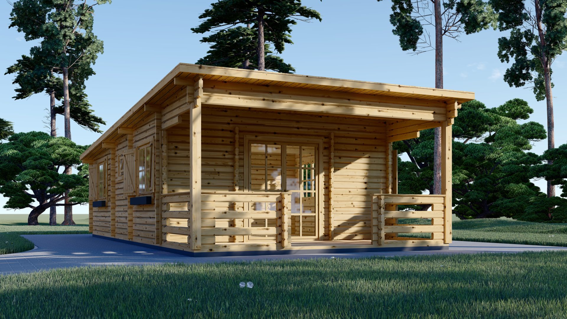 Drevená chata s plochou strechou a terasou HYMER (44+44 mm)