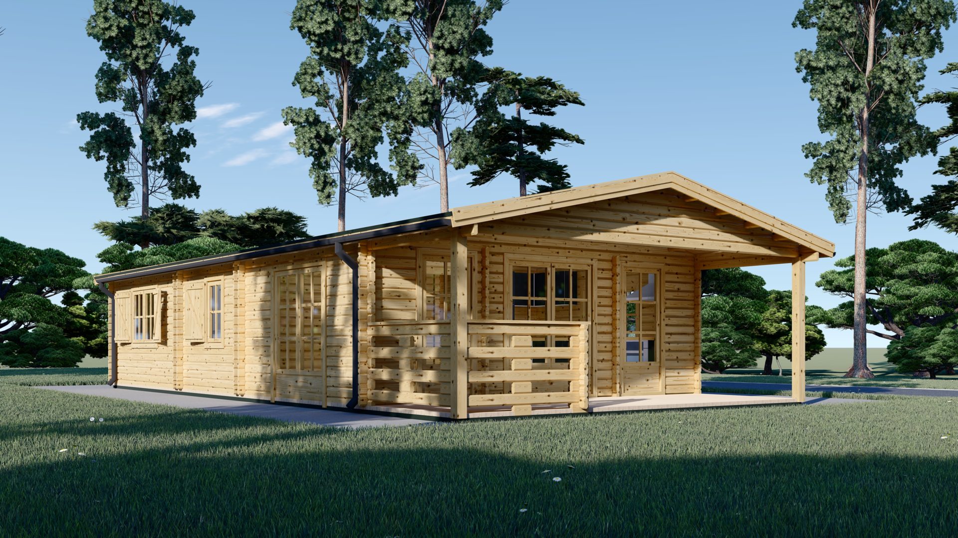 Drevená chata s terasou DONNA (44+44mm) 12,5m x 6m, 63 m²